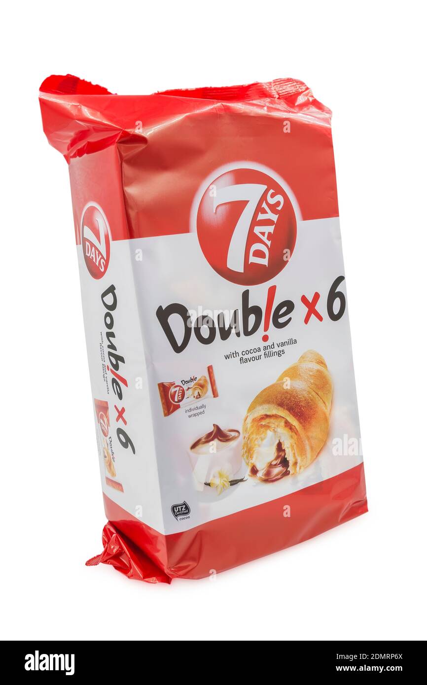 PULA, CROATIA - DECEMBER 10, 2020: 7days packaged croissant with cocoa ...