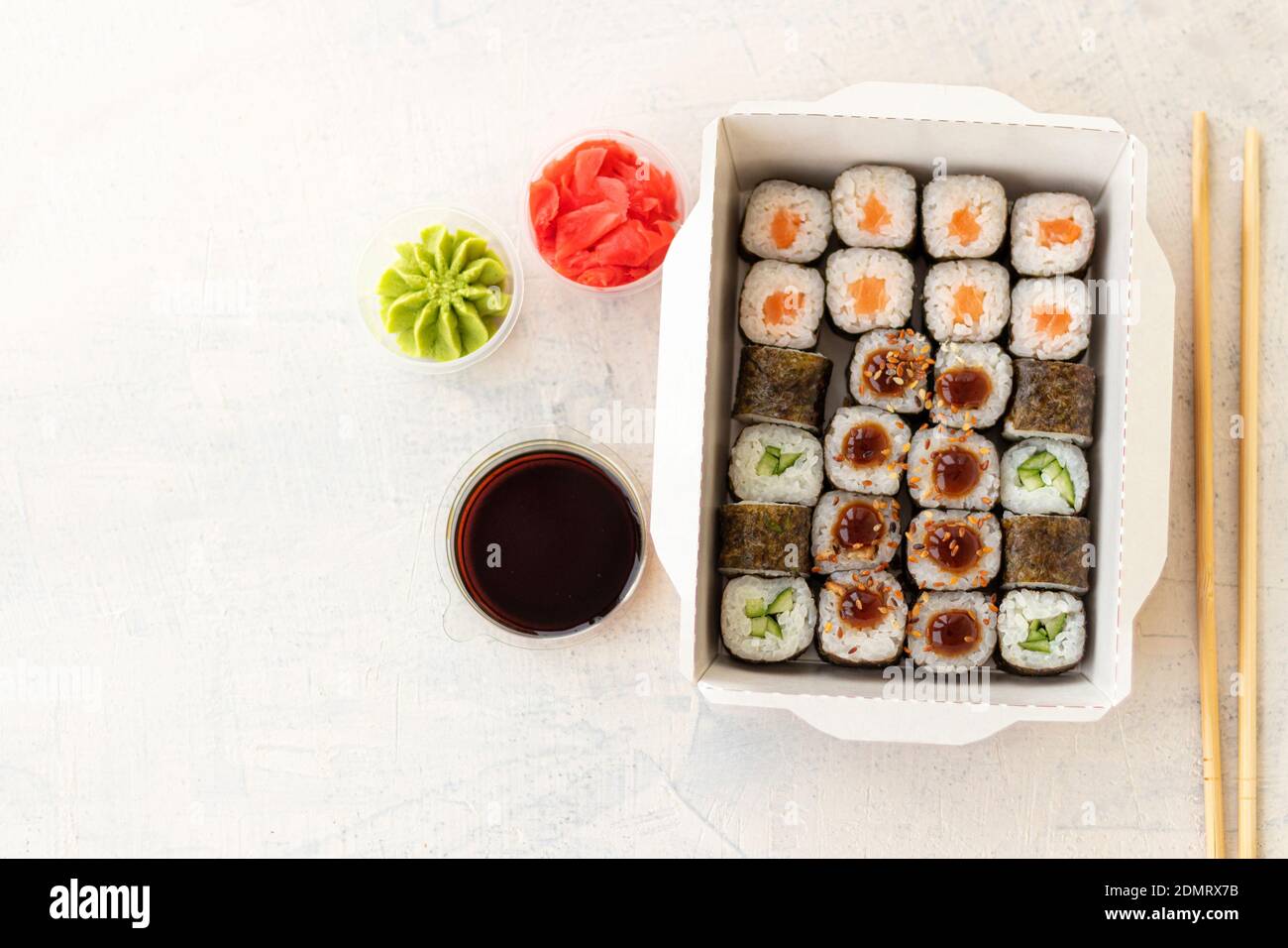 Mixed sushi in box. Japanese sushi food in box on white background with ...