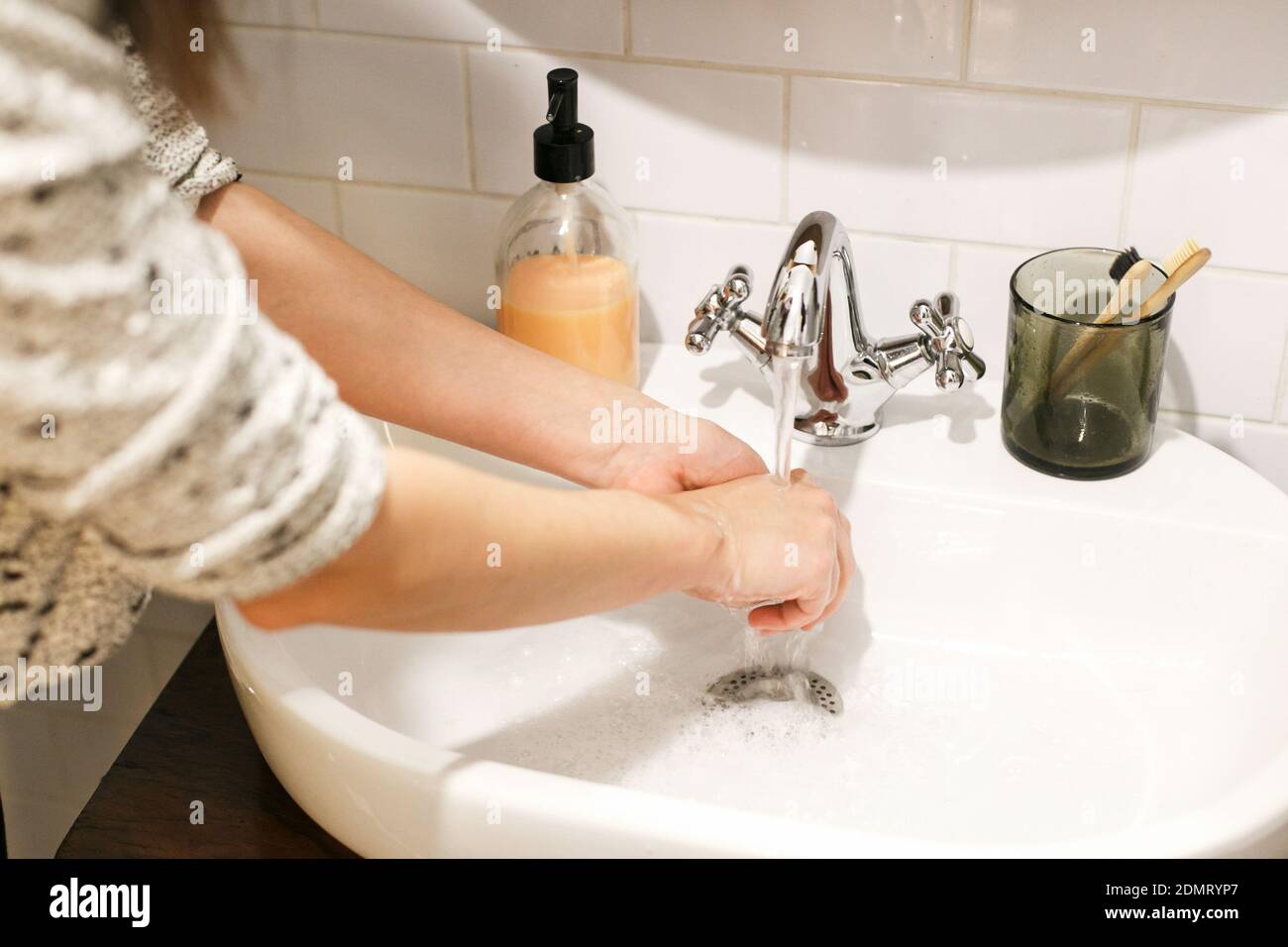 Washing hands. Hands washing with proper technique and antibacterial ...