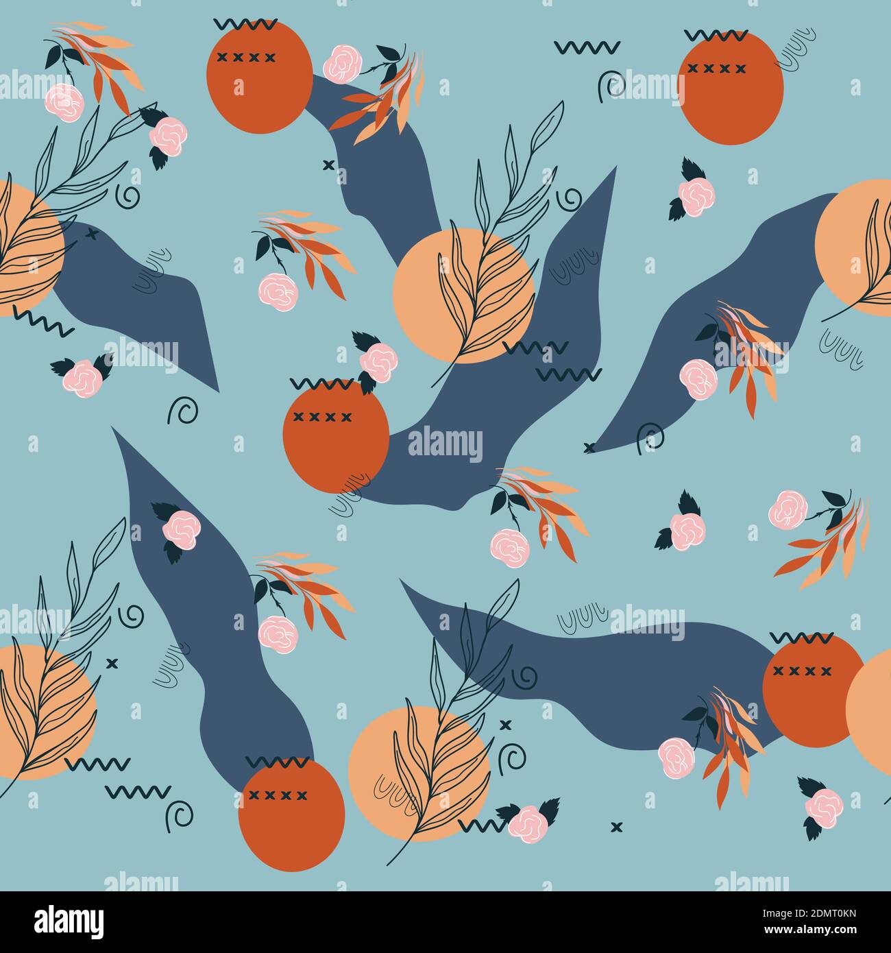 Seamless pattern with abstract and floral elements on blue background ...