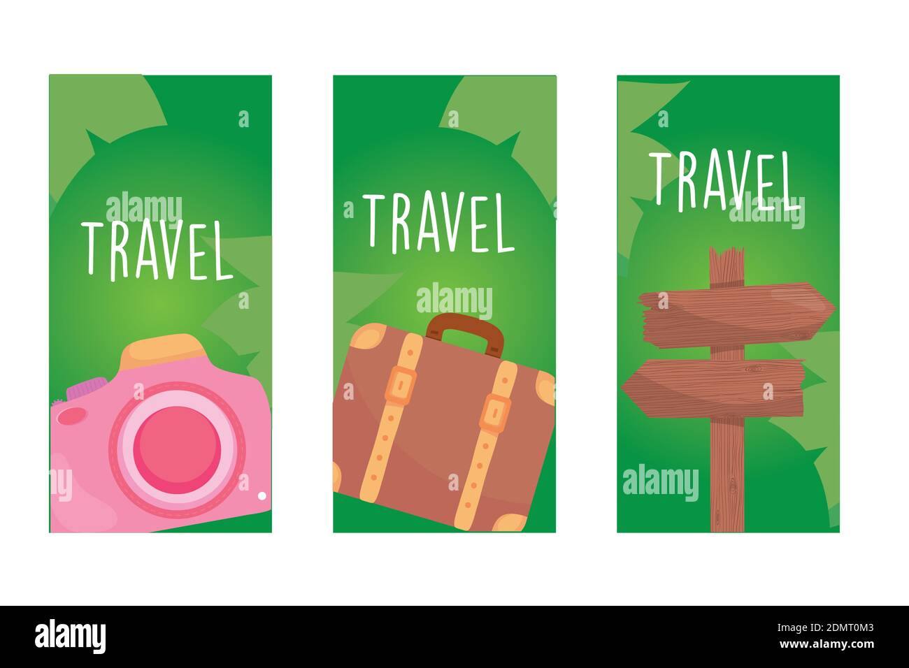 travel camera bag and road sign in labels design, trip tourism and ...