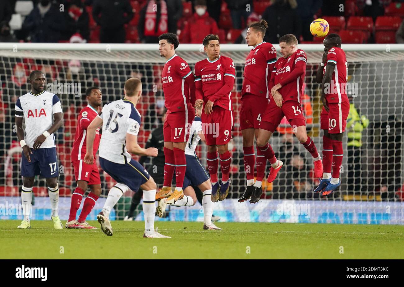 Liverpool players defend an free kick from Tottenham Hotspur's Eric ...
