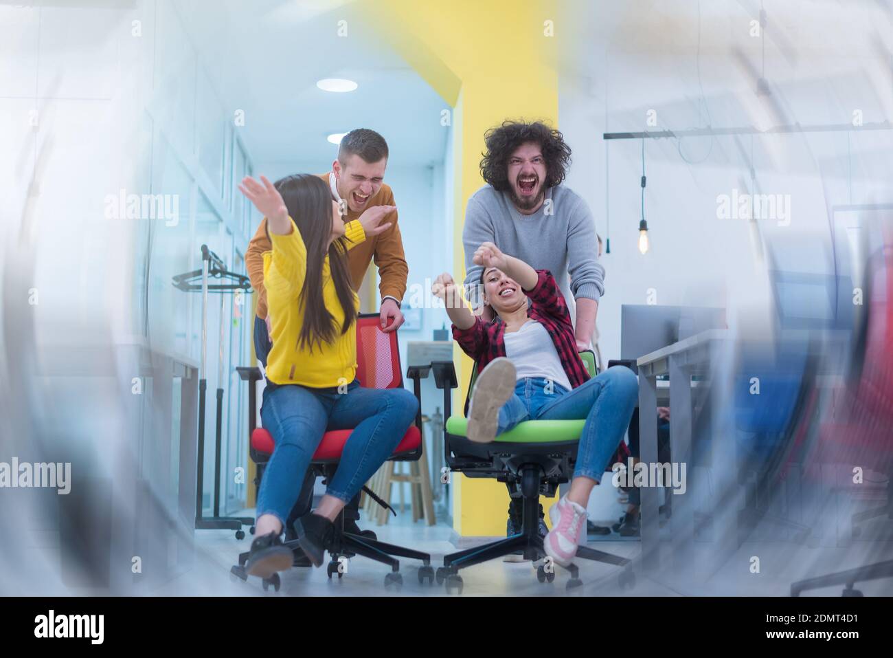 Group of Creative office workers collaborate together making joke with ...