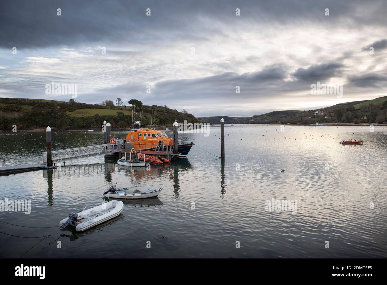 Salcombe RNLI Lifeboat moored in Salcombe Harbour, Devon, UK Stock ...