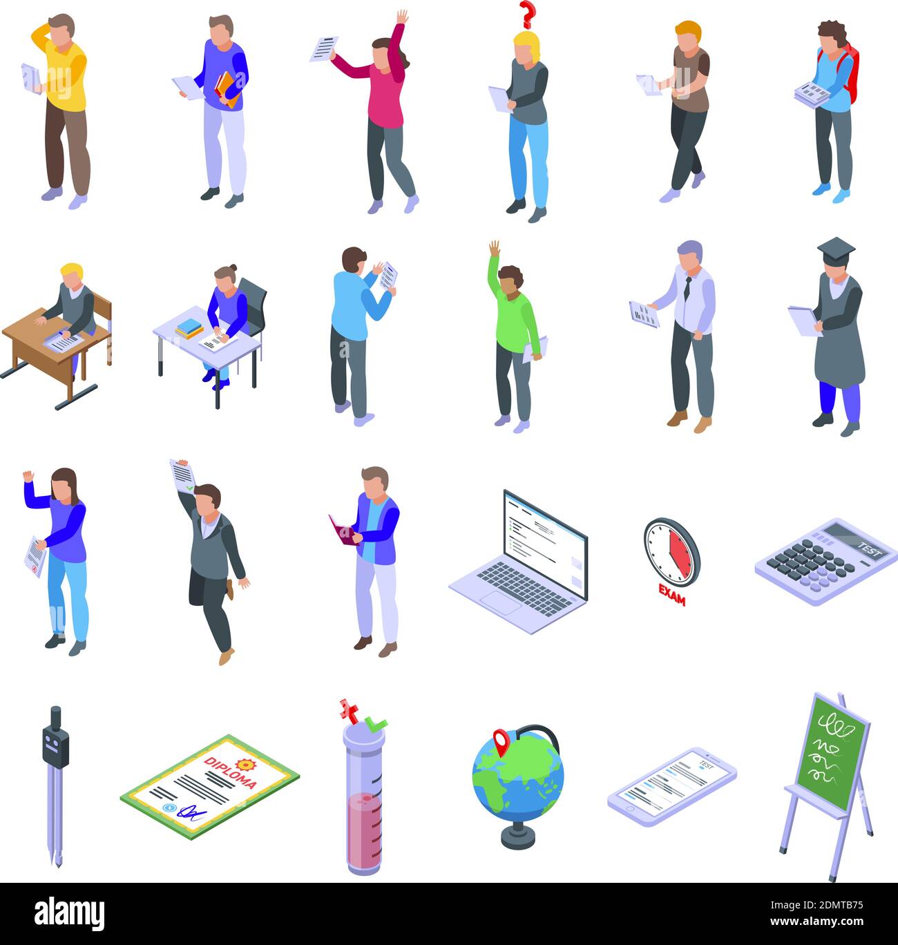 School test icons set. Isometric set of school test vector icons for ...