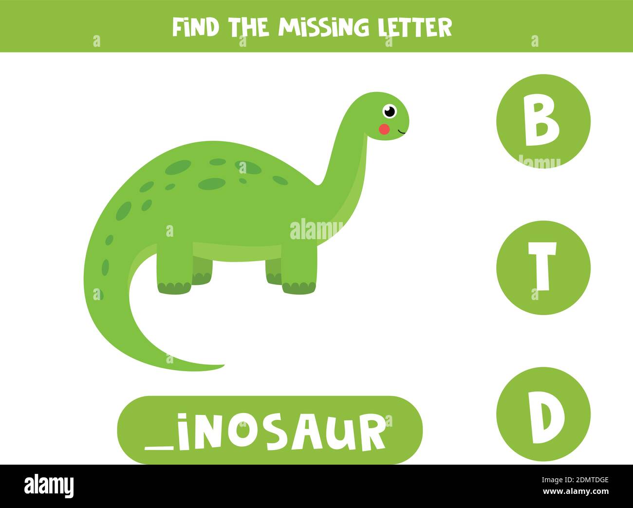 Find missing letter. Cute cartoon green dinosaur. Educational spelling ...