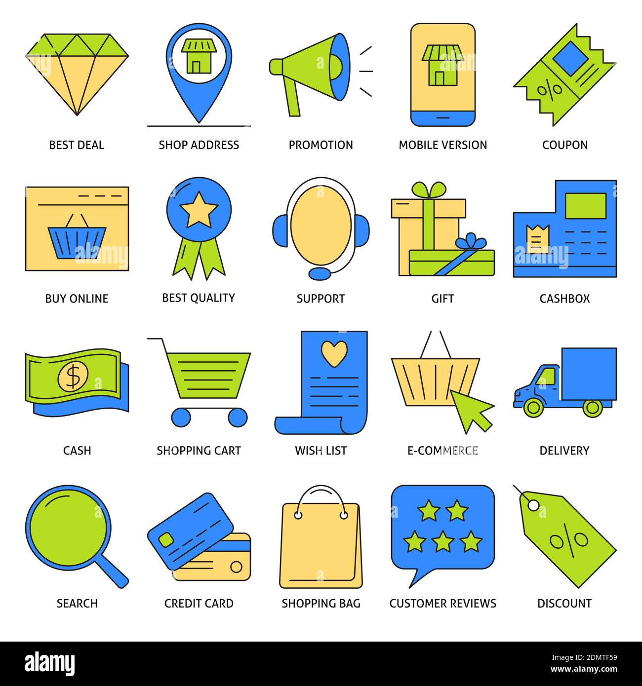 Online shopping icon set in colored line style. Internet commerce ...