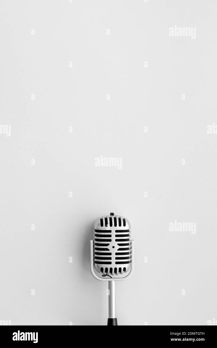 Vintage retro style silver microphone, top view, copy space Stock Photo ...