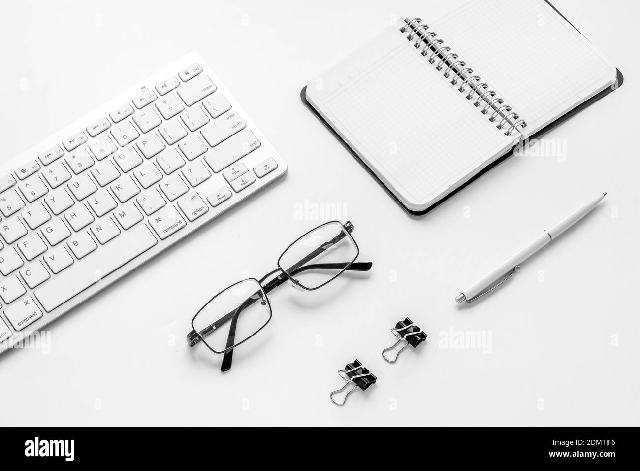 Office table desk flat lay. Workspace with laptop and office supplies ...