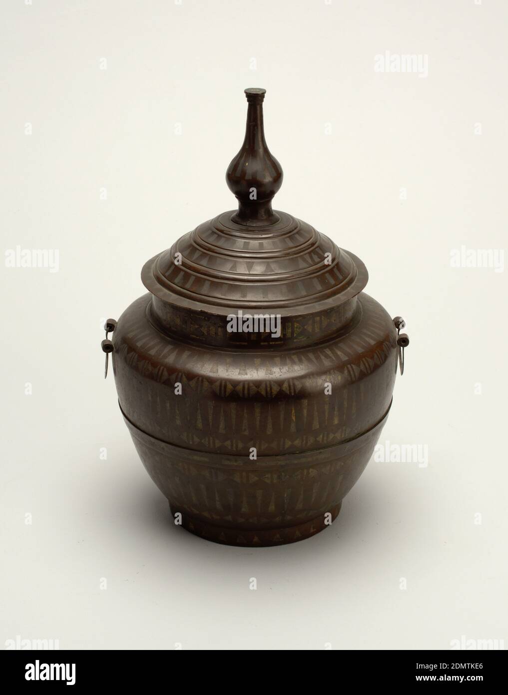 Jar and cover, Bronze, inlaid metal, Jar (a) with lid (b). Footed round ...