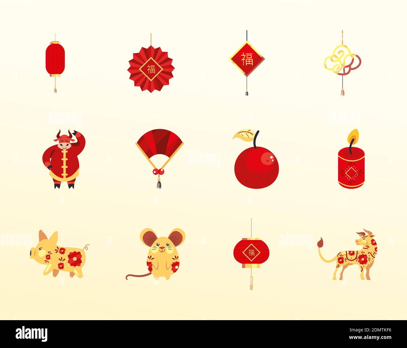 Chinese new year 2021 set of icons design, China culture asia and ...