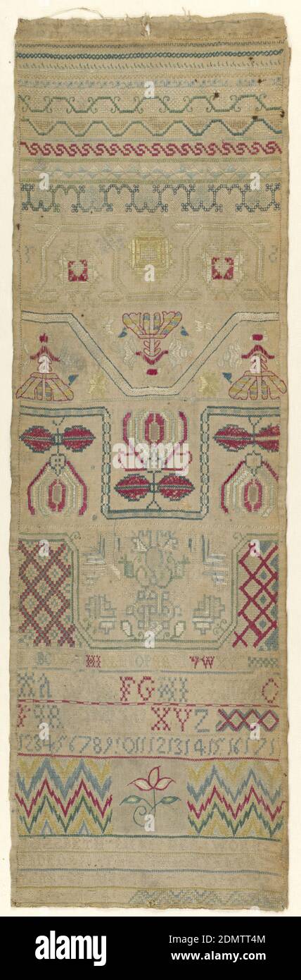 Sampler, Elizabeth Silk, Medium: silk embroidery on linen foundation ...