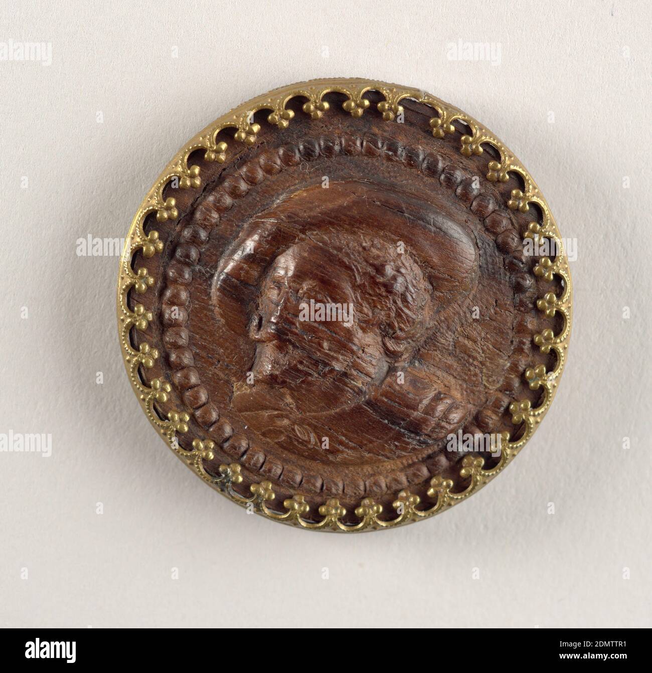 Button, Wood, gilt and lacquered metal, Carved wood relief of a 16th ...
