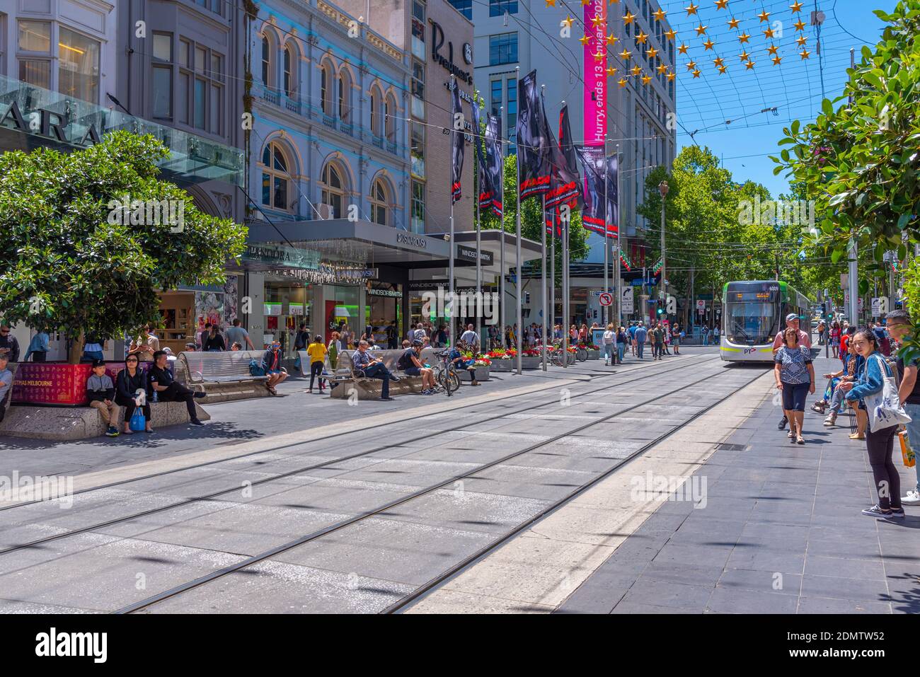 MELBOURNE, AUSTRALIA, DECEMBER 31, 2019: Bourke street in center of ...