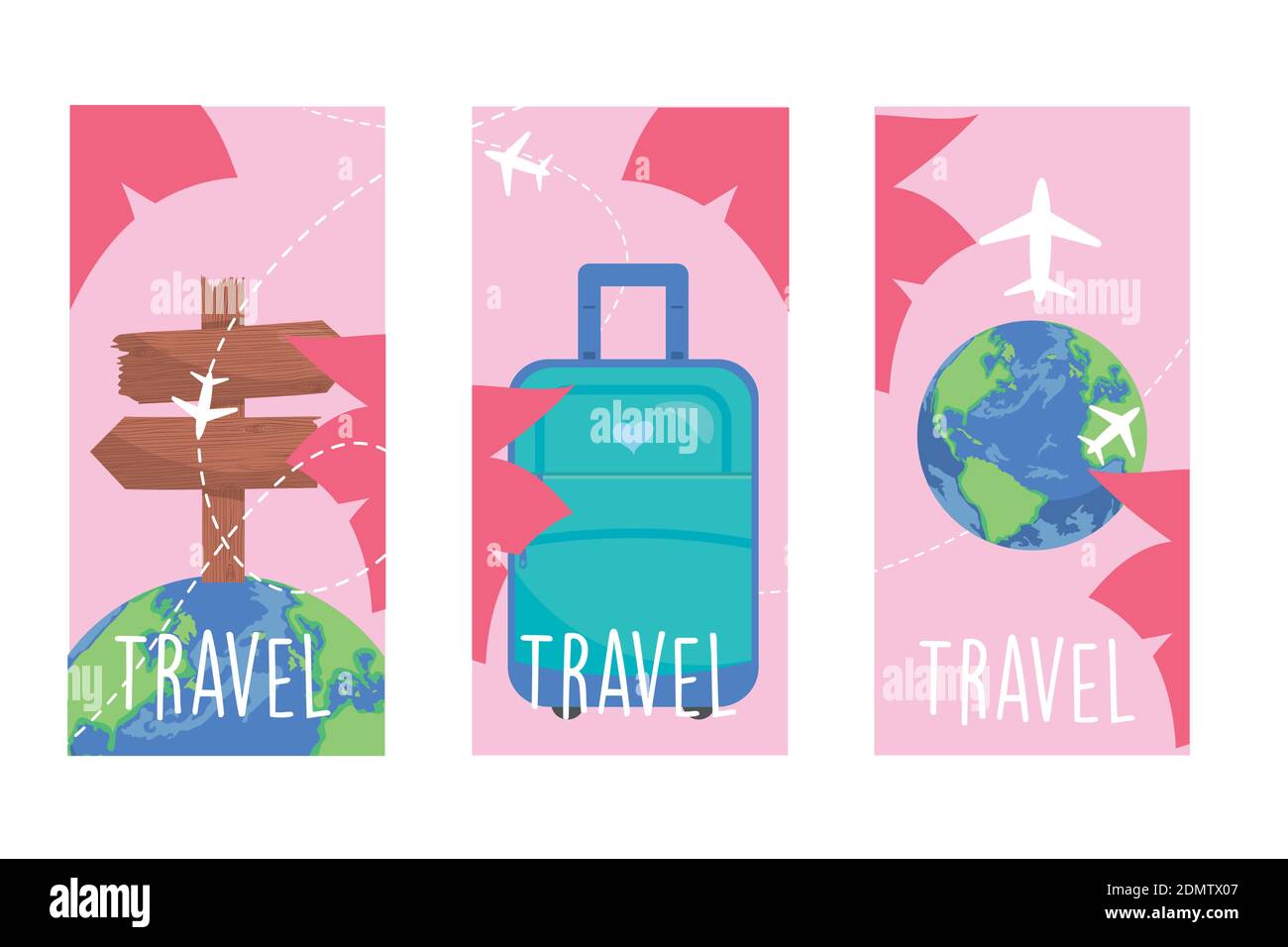travel road sign bag and world in labels design, trip tourism and ...