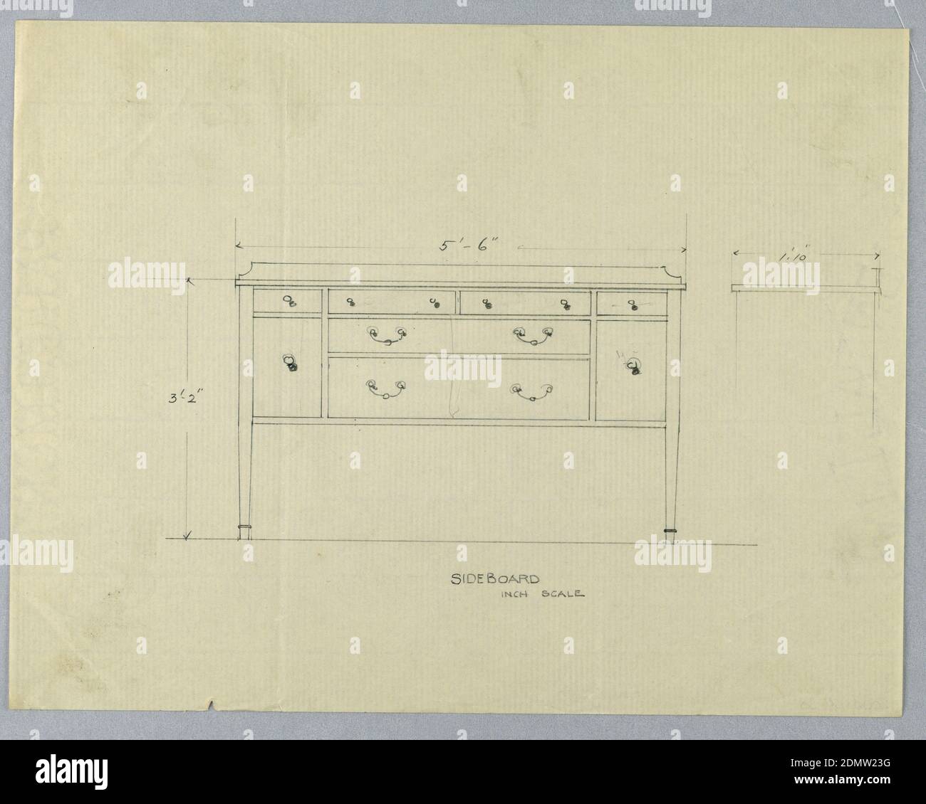 Design for Sideboard with Six Drawers in Plan and Elevation, A.N ...