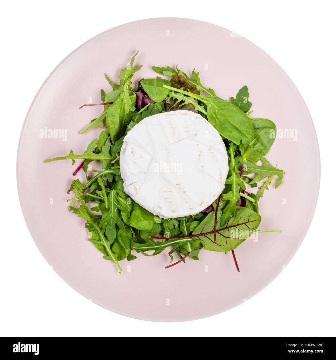 top view of soft cheese on fresh greens on pink plate isolated on white ...