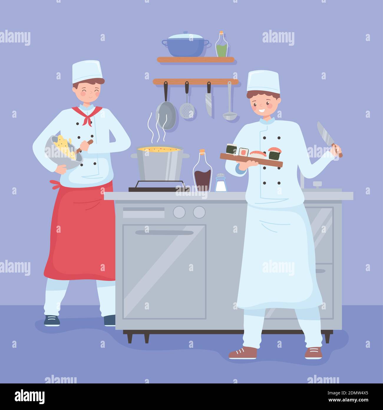 cartoon restaurant chefs preparing meal and desserts vector ...