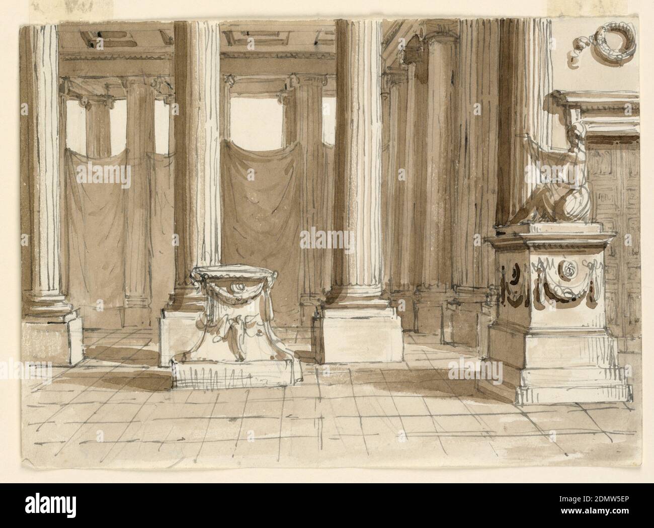 Stage Design, Interior of Temple, Pen and brown ink, brush and sepia ...