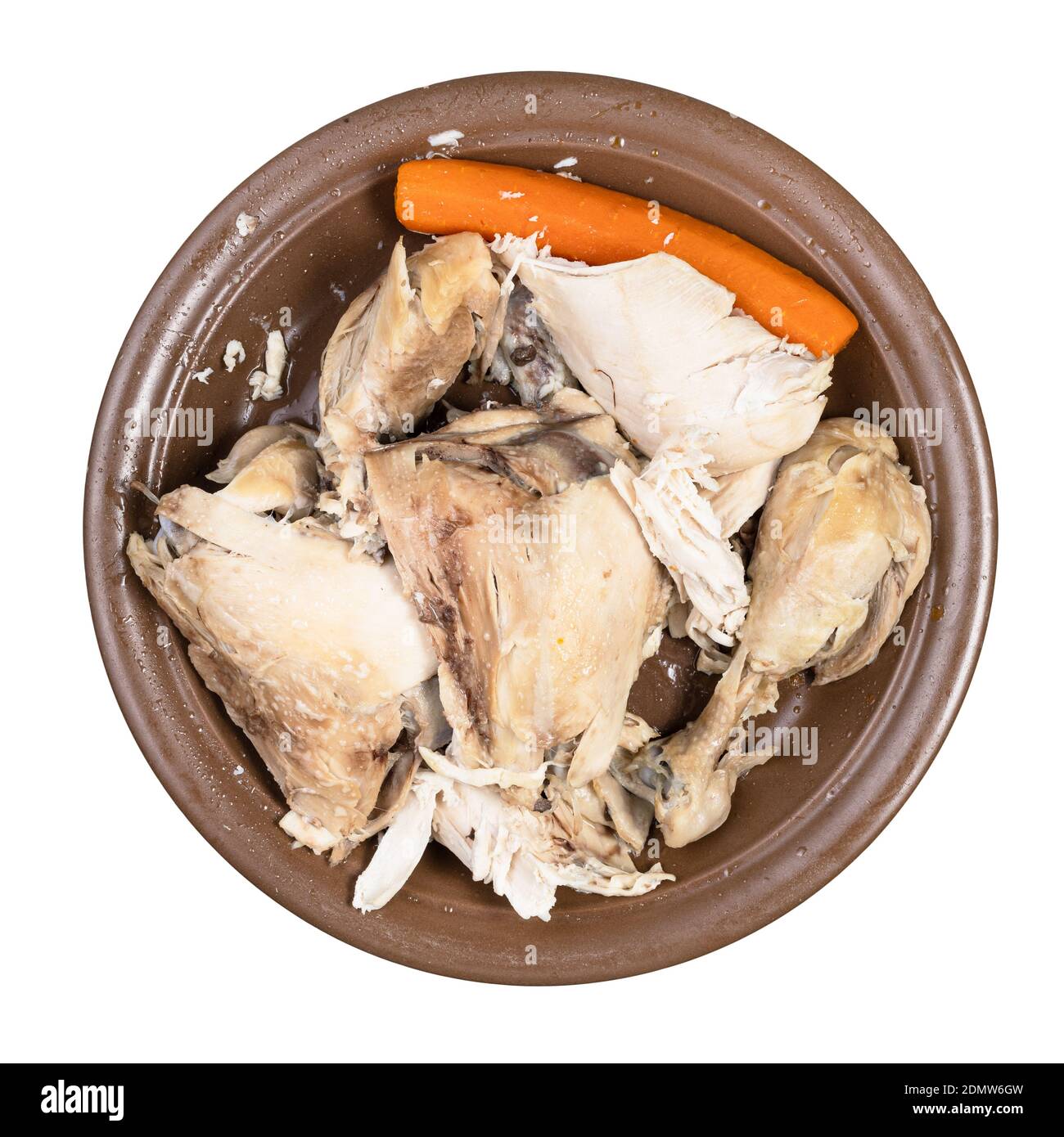 top view of boiled chicken meat on brown plate isolated on white ...
