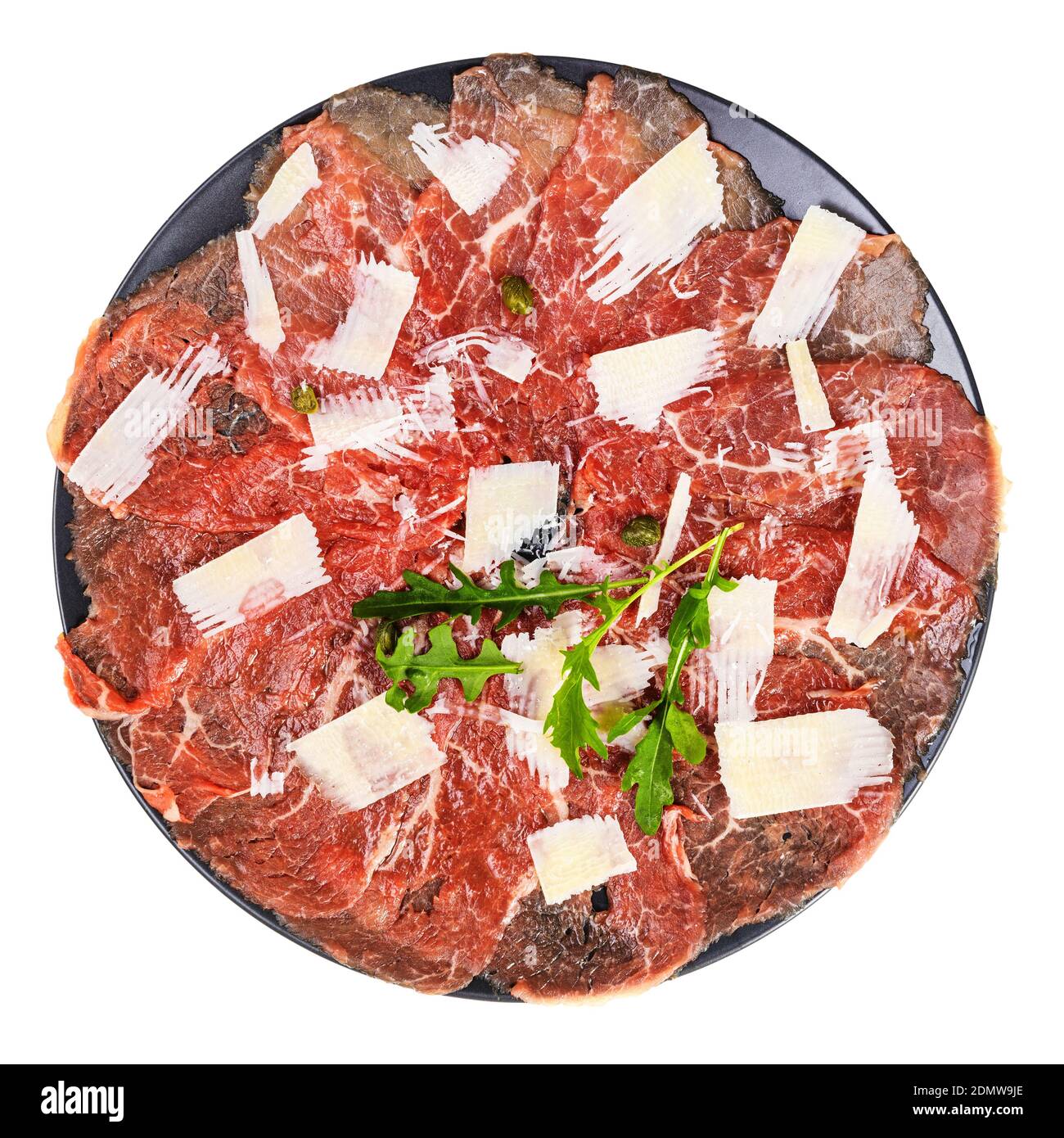top view of portion of Carpaccio (thinly sliced raw beef fillet ...