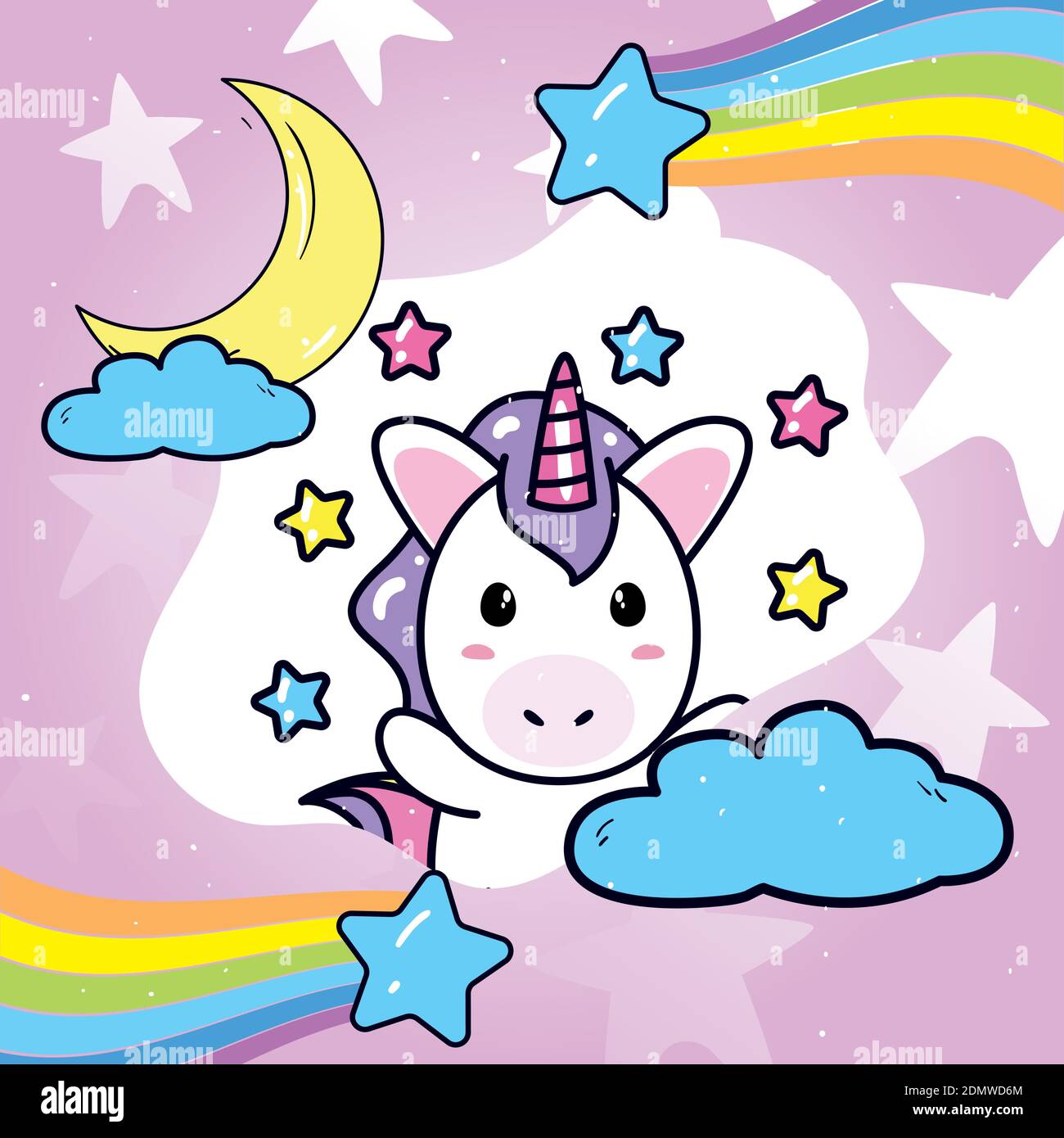 unicorn horse cartoon with rainbow stars moon and clouds design, magic ...