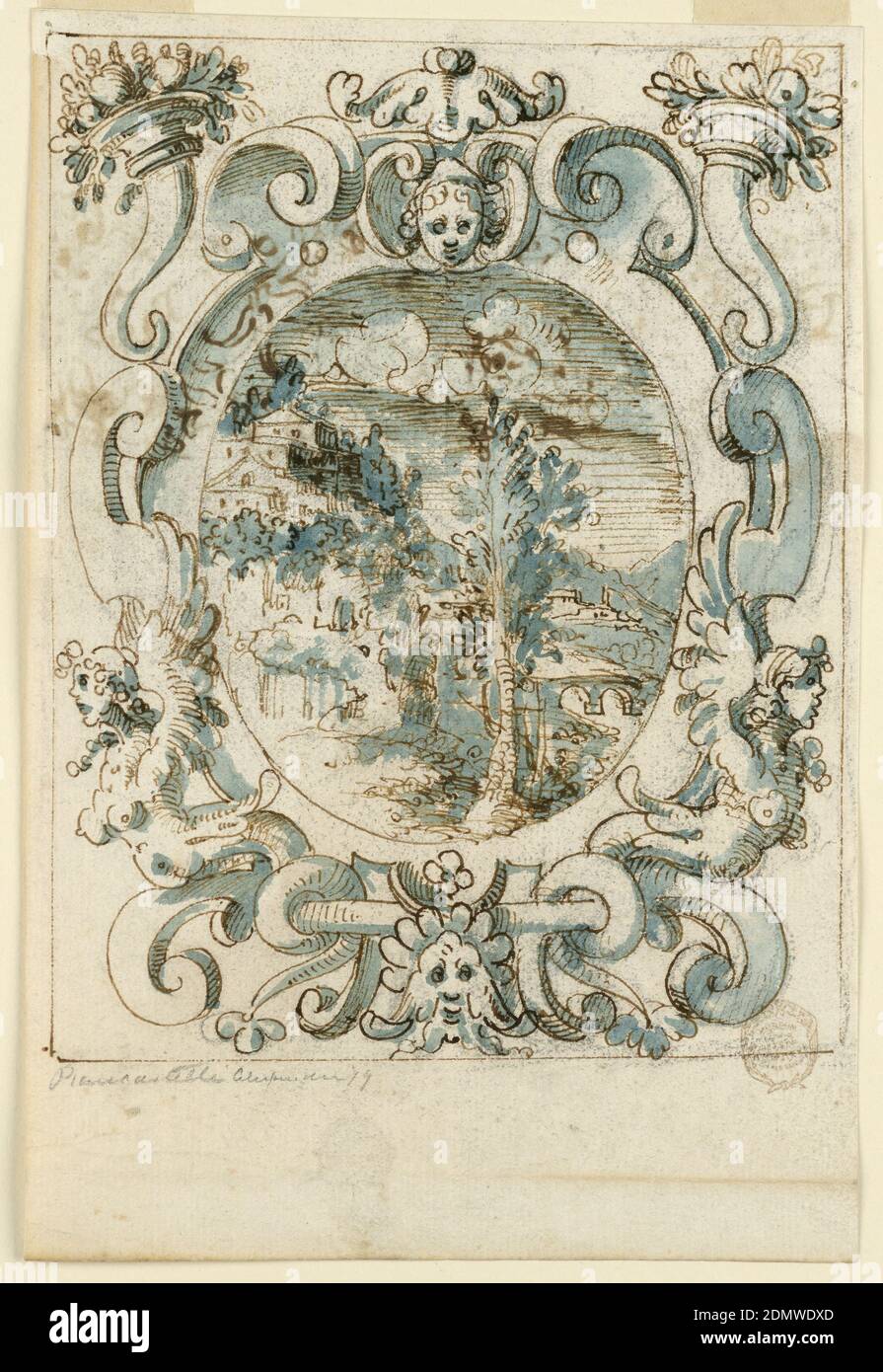 Strapwork Design with Landscape, Charcoal, pen and ink, brush and ...