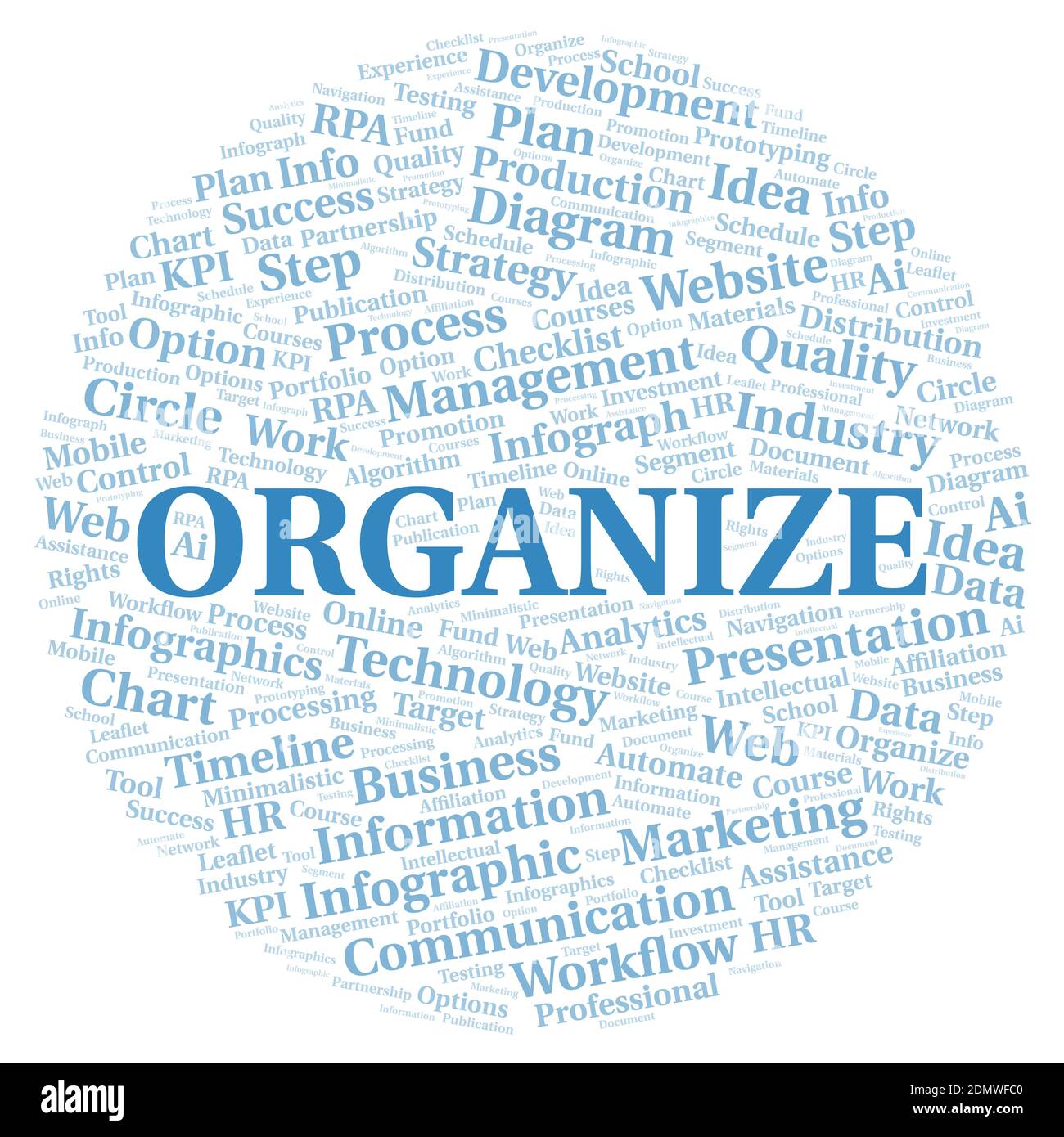 Organize typography word cloud create with text only Stock Photo - Alamy
