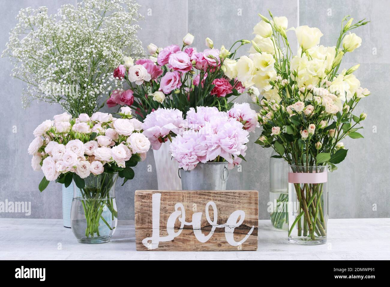 Bouquets of colorful flowers. Peony, rose, lisianthus, gypsophila ...