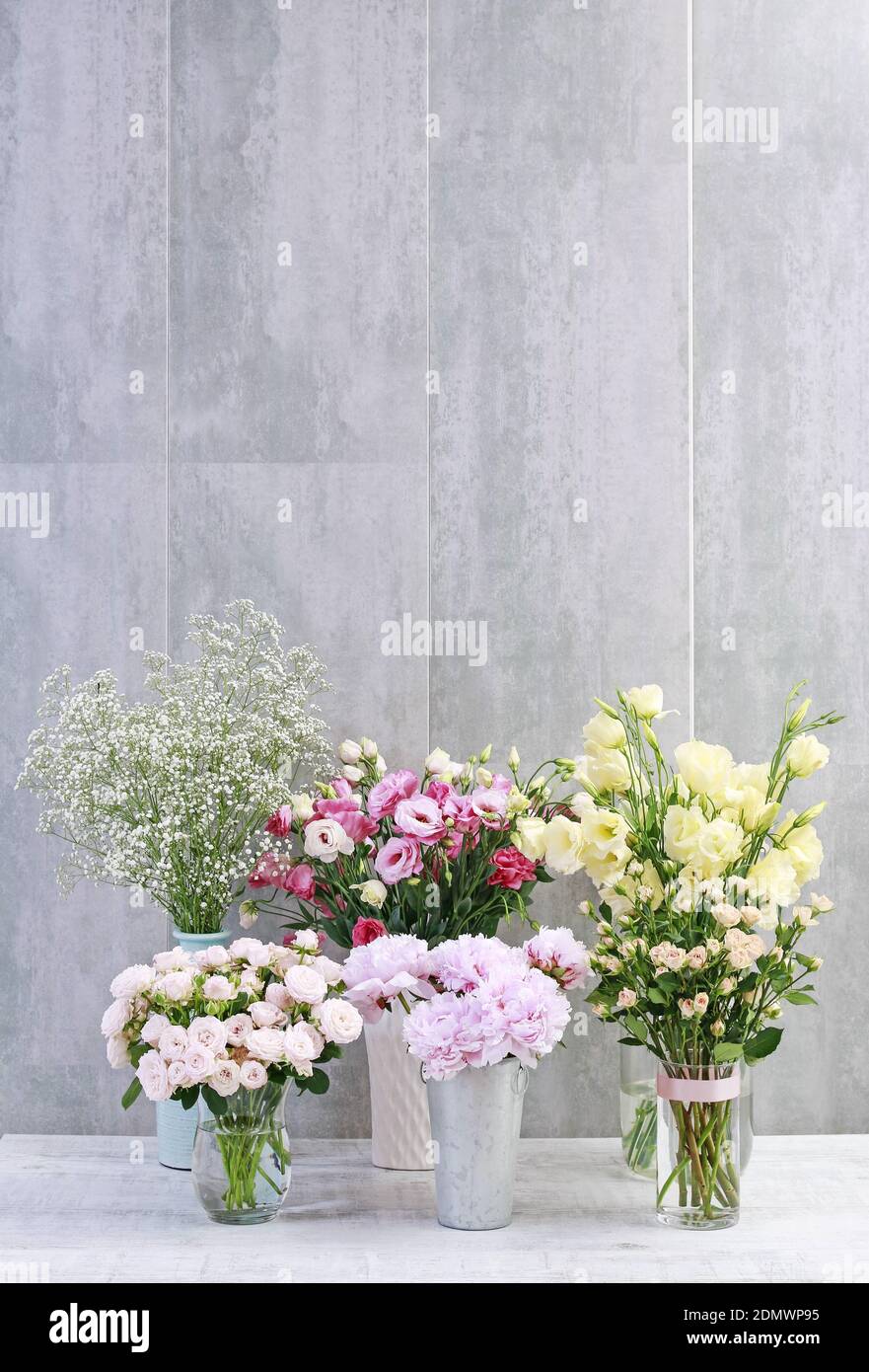 Bouquets of colorful flowers. Peony, rose, lisianthus, gypsophila ...