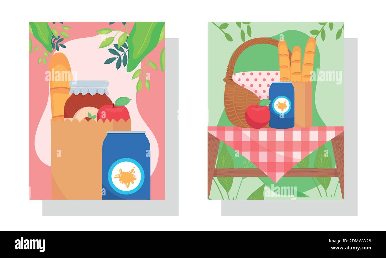 picnic table and food icon set inside labels design, garden nature and ...