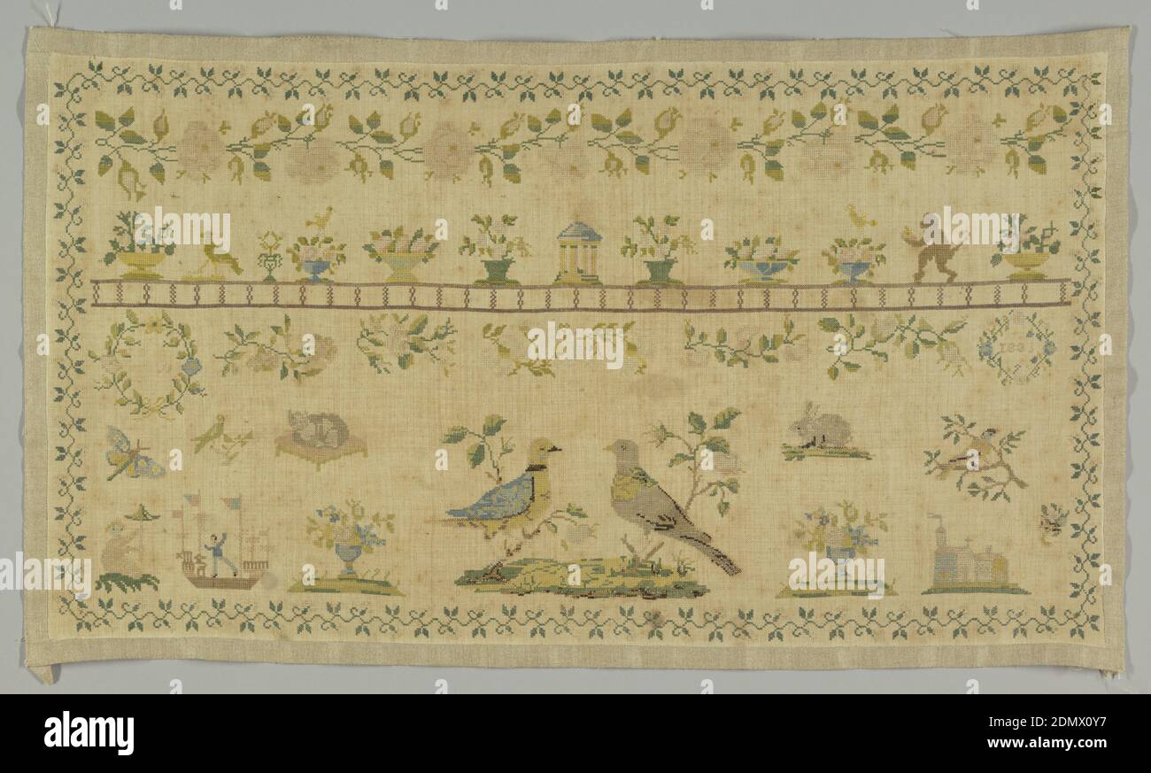 Sampler, Medium: silk embroidery on linen foundation Technique ...