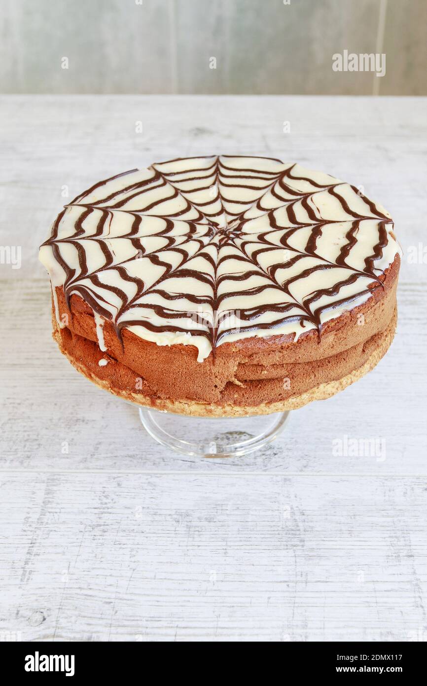 Halloween chocolate spider web cake. Party dessert Stock Photo - Alamy