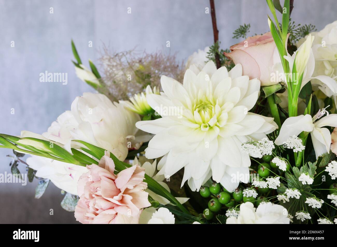 Wedding floral arrangement with hortensias (hydrangea), dahlias and ...