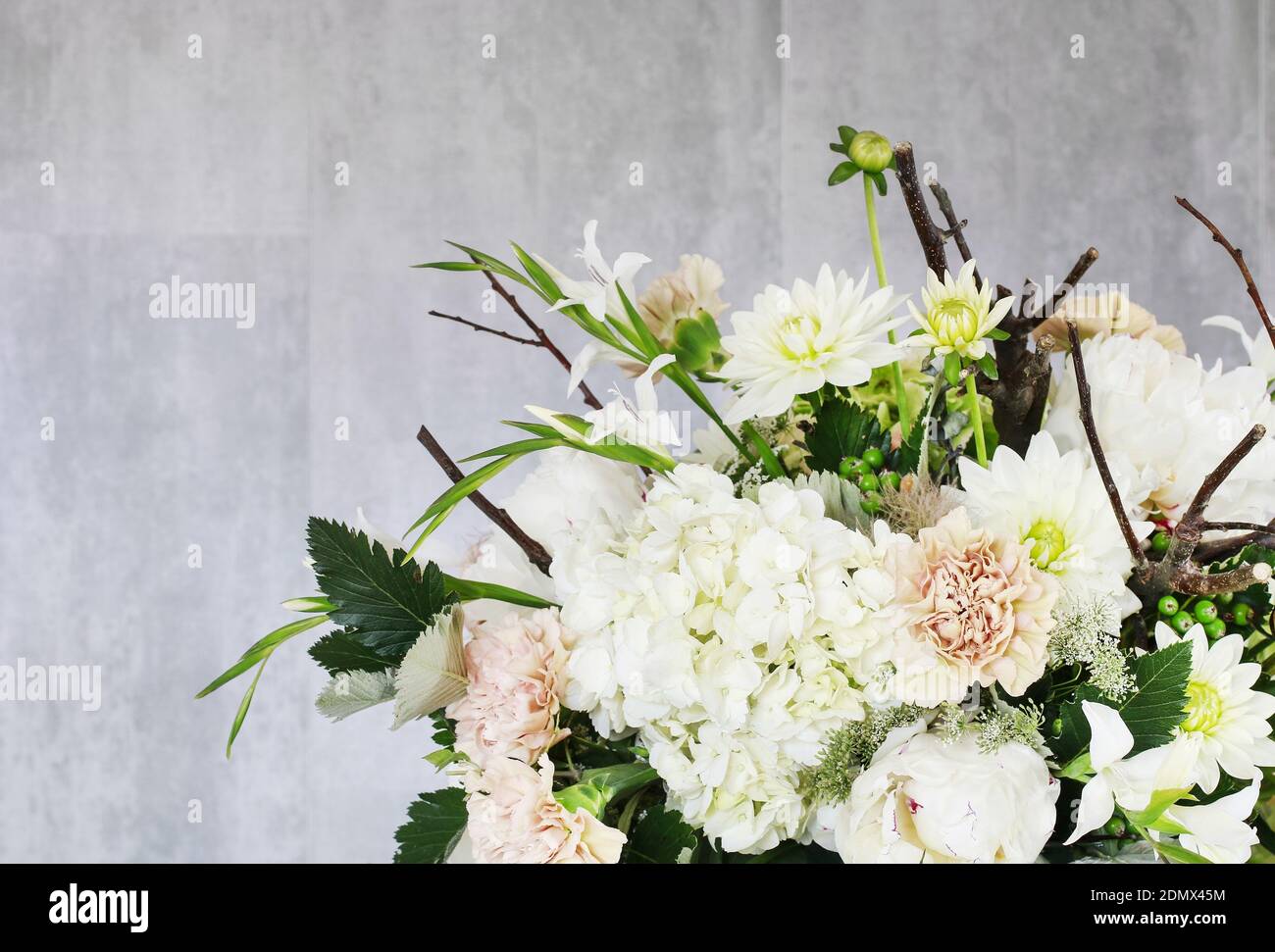 Wedding floral arrangement with hortensias (hydrangea), dahlias and ...