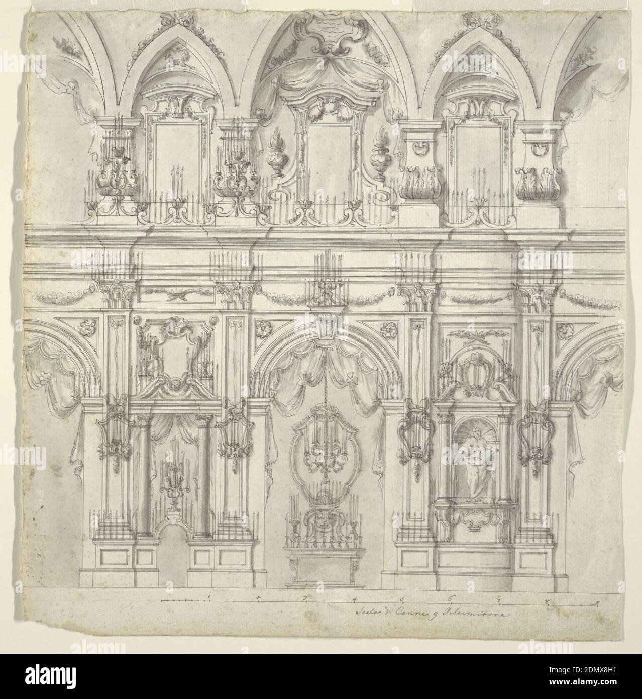 Elevation of the Nave of a Church, Pen and black ink, brush and gray ...