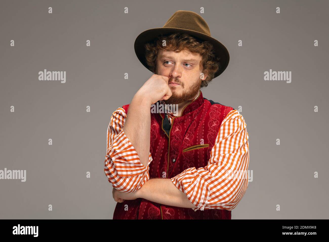 Angry. Happy smiling man dressed in traditional Austrian or Bavarian ...