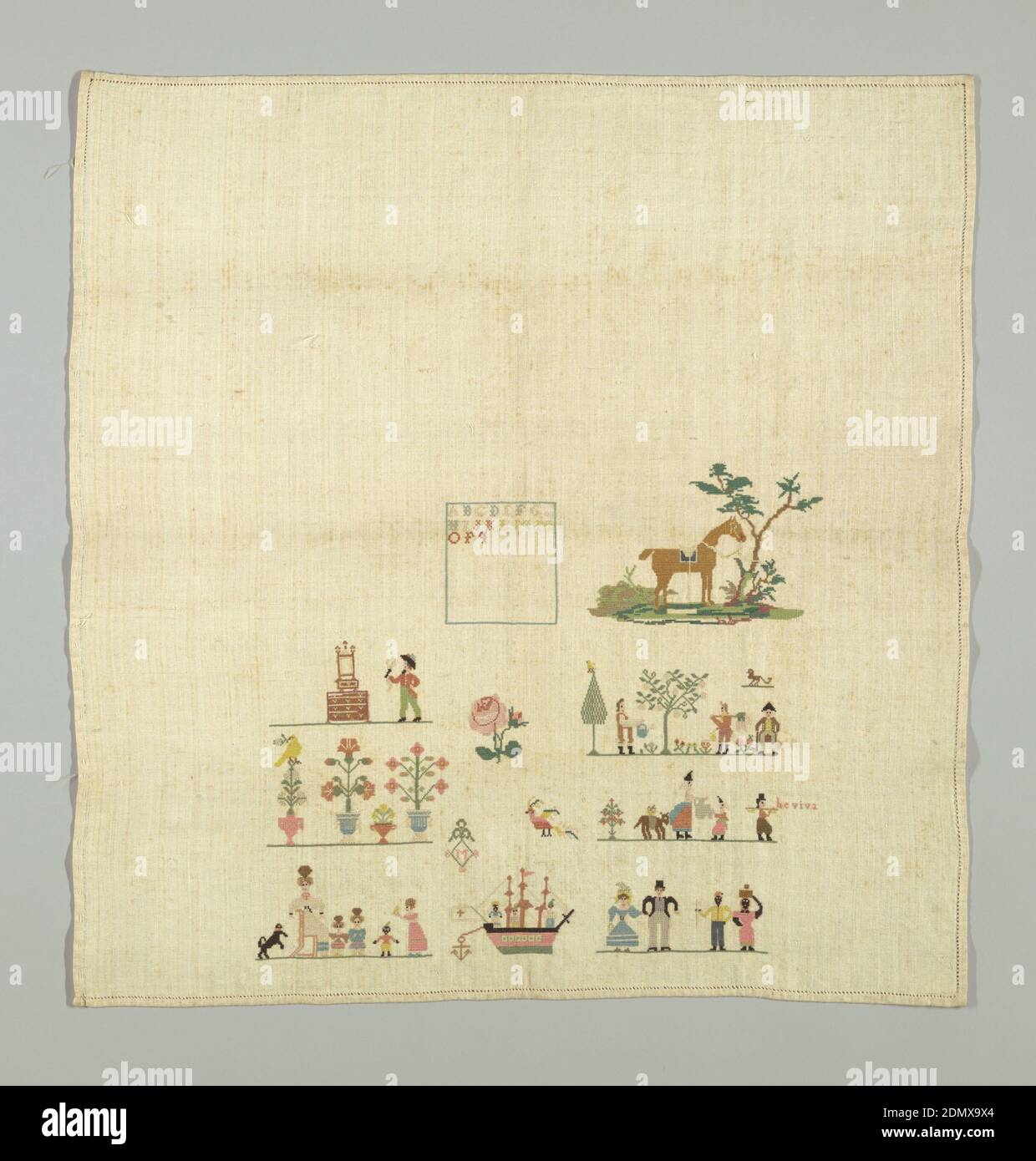 Sampler, Medium: silk embroidery on cotton foundation Technique ...
