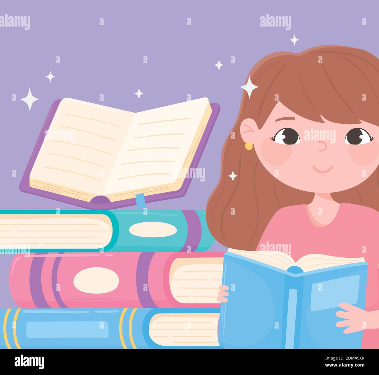 girl holds open book, stack various textbooks cartoon vector ...
