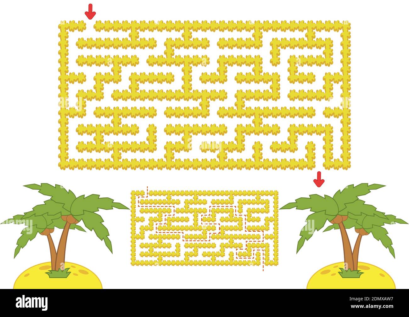 Color rectangular maze. Yellow beach with palm trees in cartoon style ...