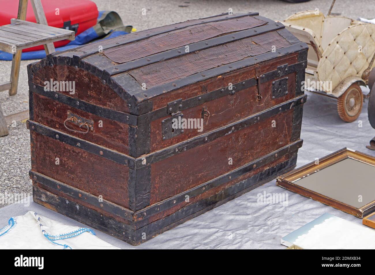 Old wood trunk casket box at flea market Stock Photo - Alamy