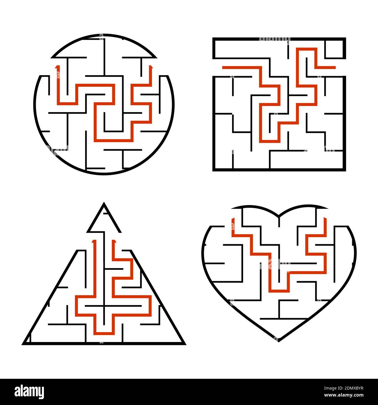 A set of mazes. Circle, square, triangle, heart. Game for kids. Puzzle ...