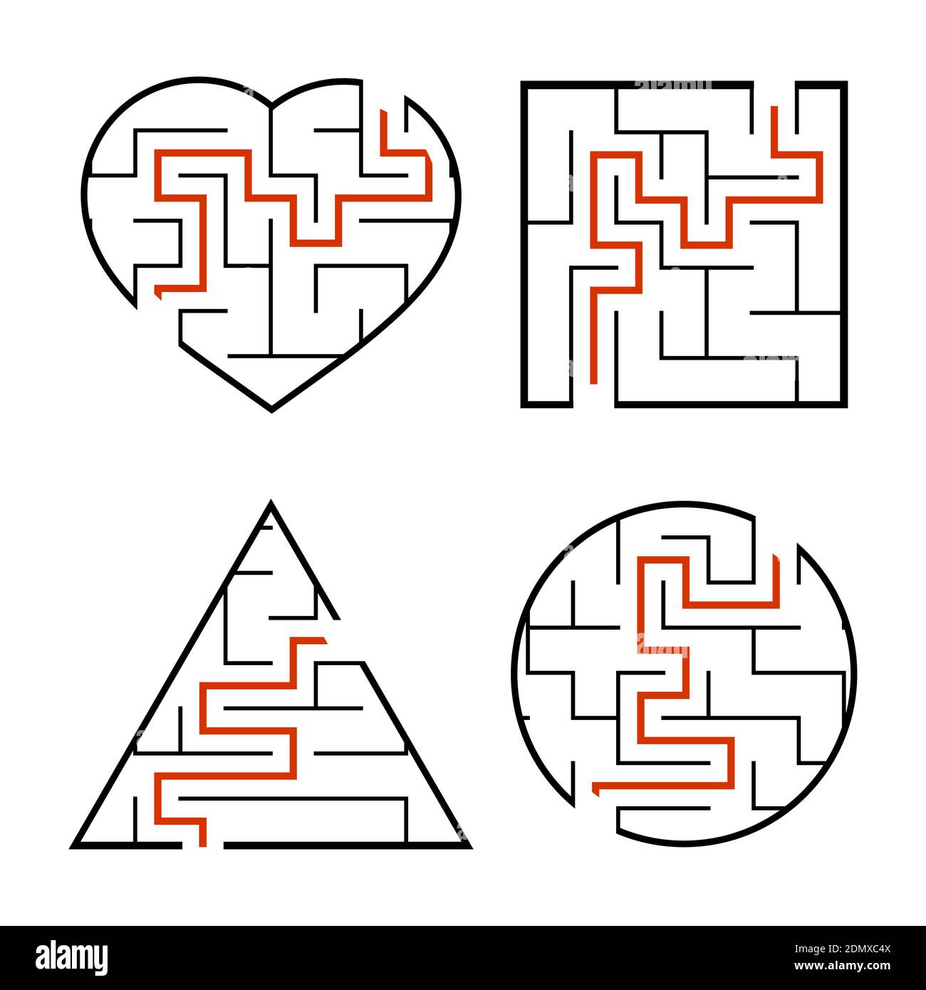 A set of mazes. Circle, square, triangle, heart. Game for kids. Puzzle ...