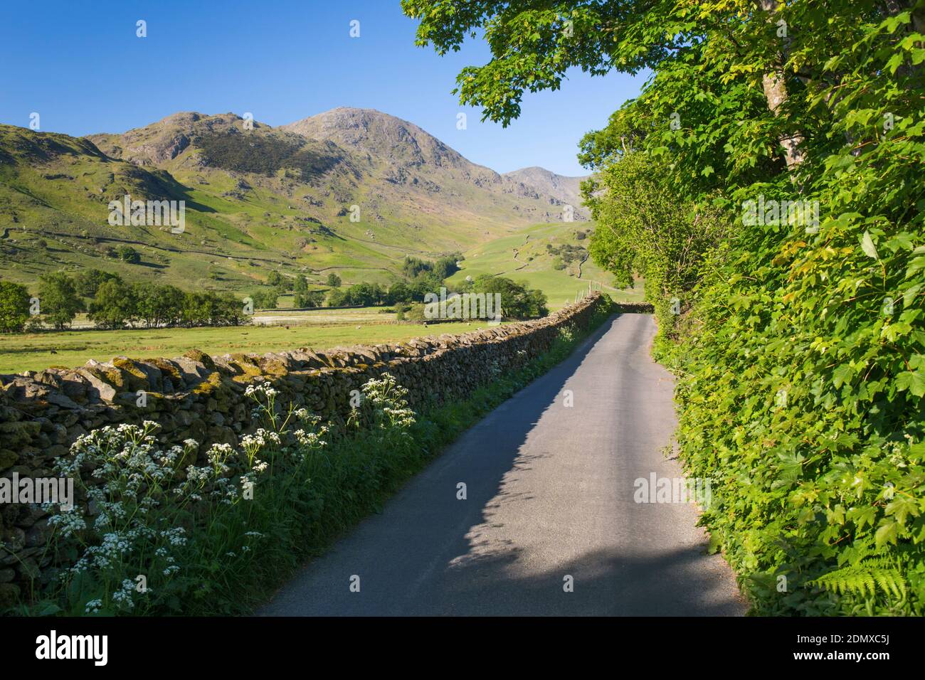 Little Langdale, Cumbria, England. View along narrow country road to ...
