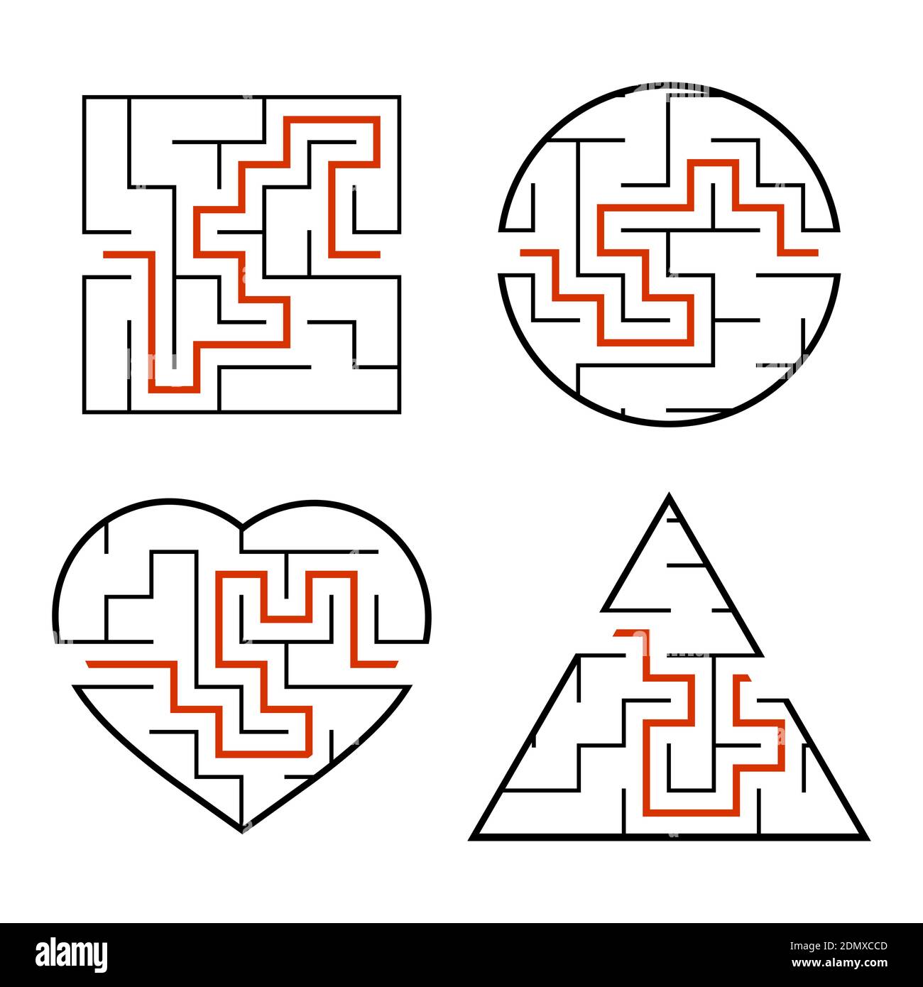 A set of mazes. Circle, square, triangle, heart. Game for kids. Puzzle ...