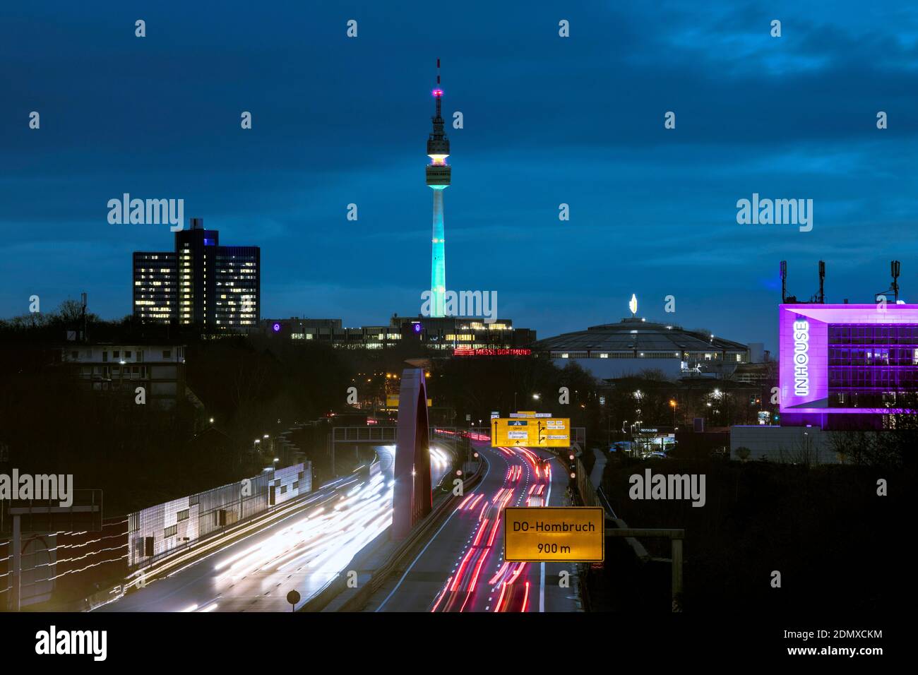 City panorama of Dortmund over motorway B1 with Florian tower, event ...