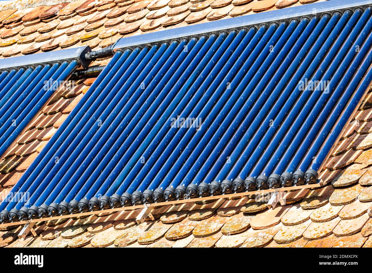 Close up of solar water heater on roof top. Solar panel for hot water ...