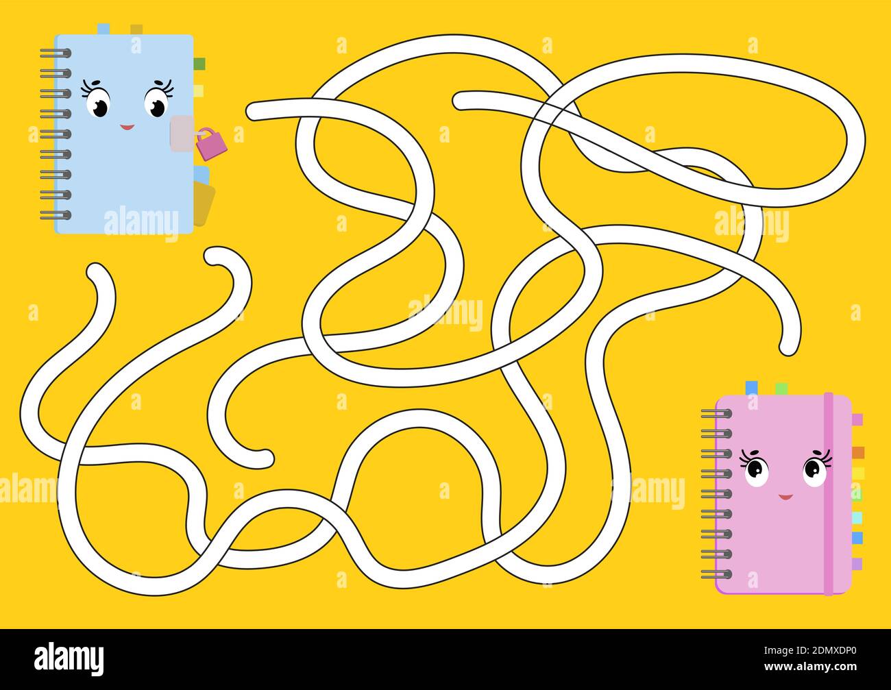 Color abstract maze. Help the blue notebook get to the pink notebook ...