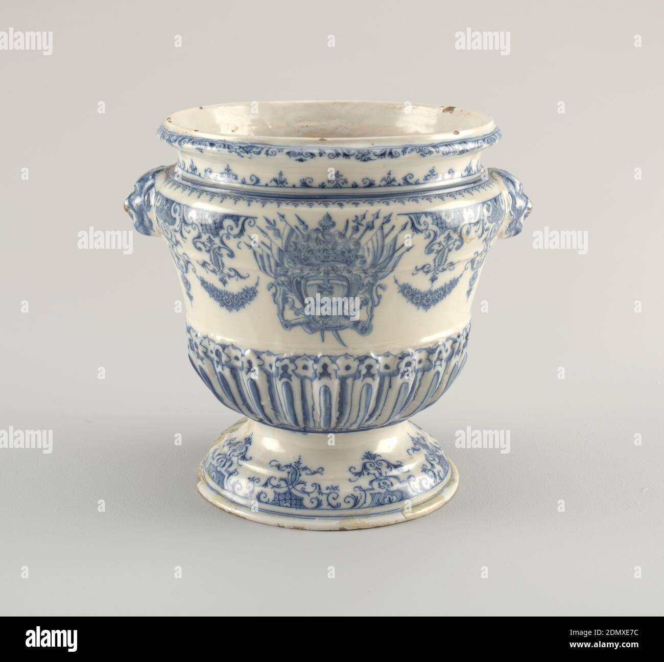 Urn, Tin-glazed earthenware, On molded foot a bell-shaped body with ...