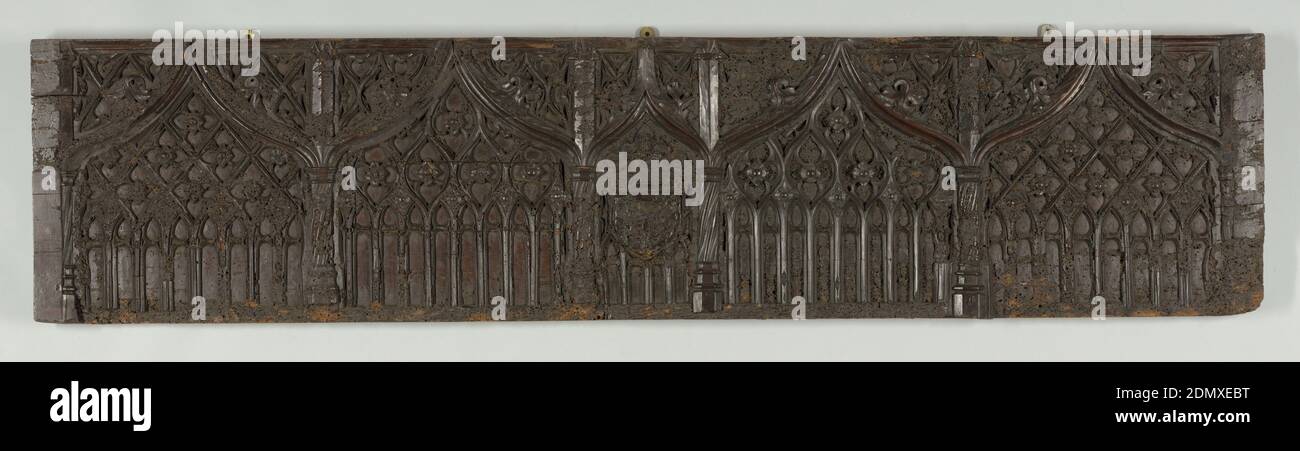 Panel, Carved oak, Front of a chest, with architectural decoration in ...